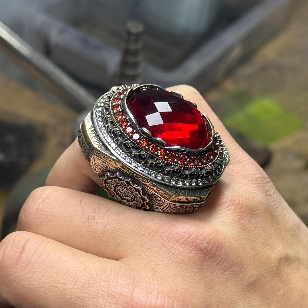 925 Silver Turkish Handmade Garnet Ring, Large Stone Garnet Ruby Ring ...