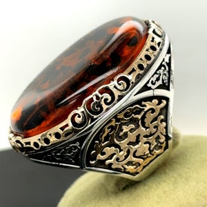 Silver Large Amber Ring , Handmade Large Amber Stone Ring , Turkish ...