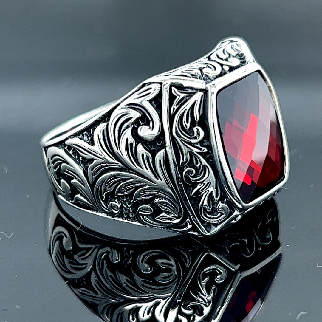 Silver Red Stone Ring , Silver Ruby Stone Ring , Ottoman Patterned Men ...