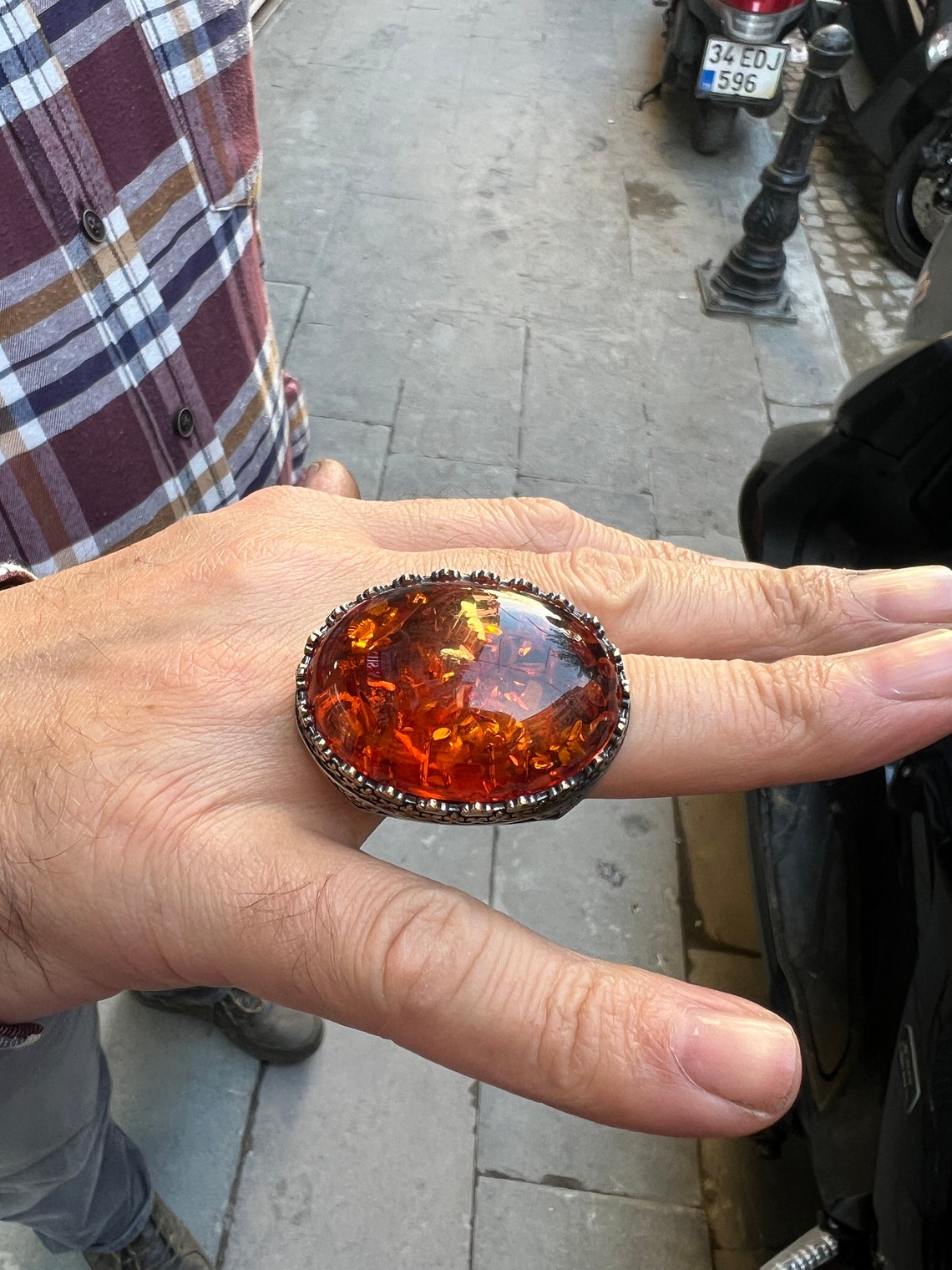 Silver Baltic Amber Ring Large Amber Stone Ring Turkish - Etsy