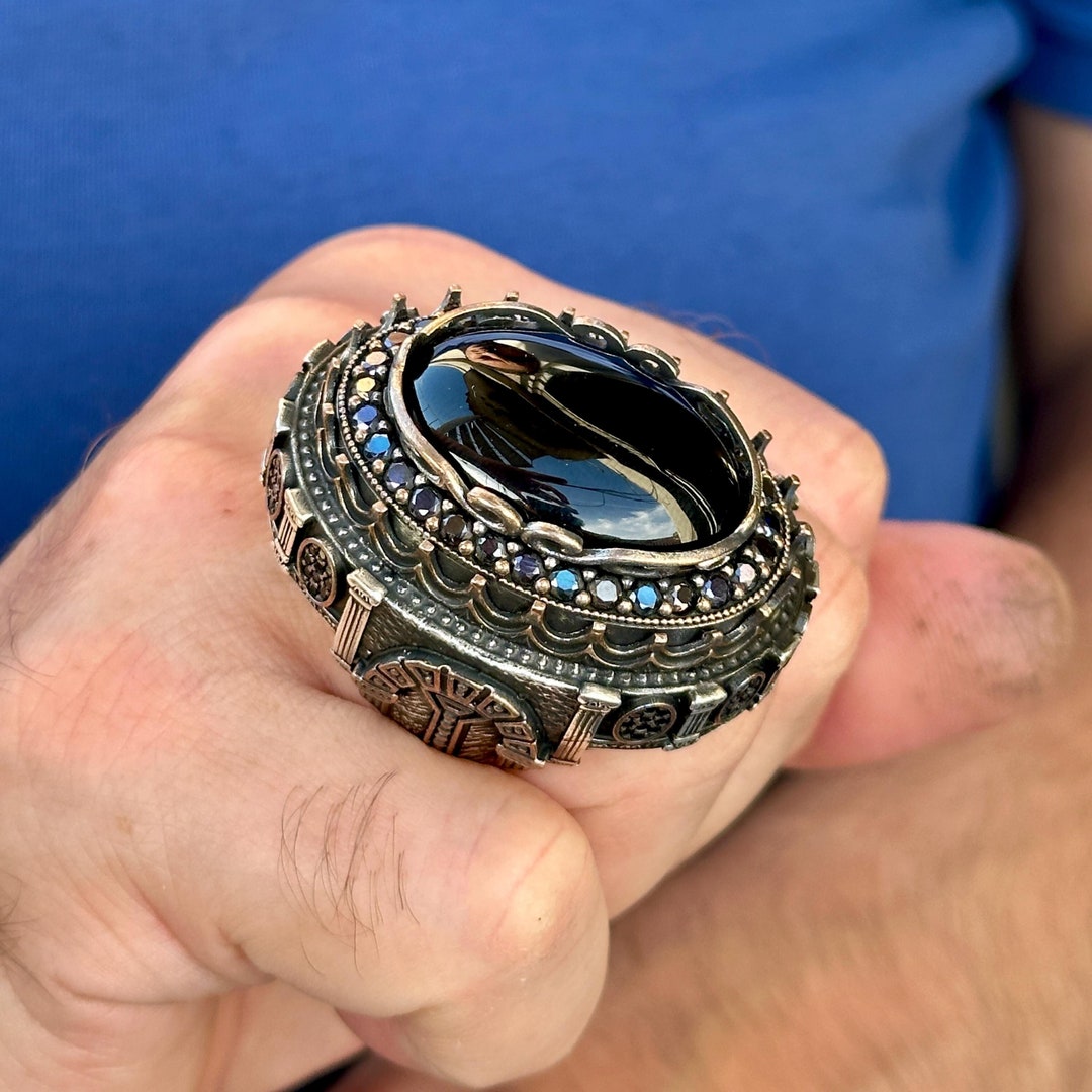Men Silver Large Onyx Ring , Black Onyx Ring, Unique Handmade Big Ring ...