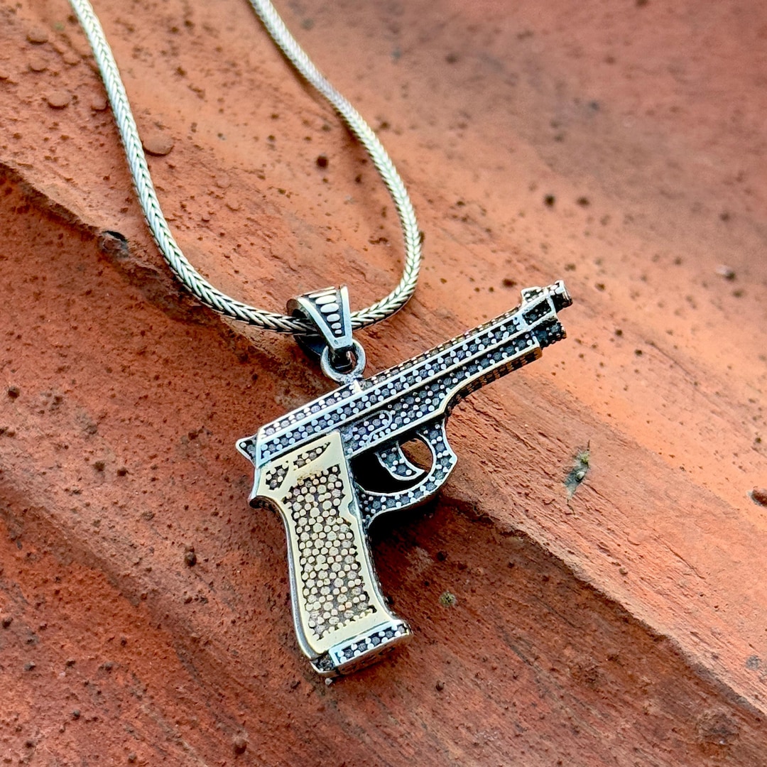 Men Silver Gun Pendant, Biker Pistol Men Necklace, Cowboy Gun Pendant ...