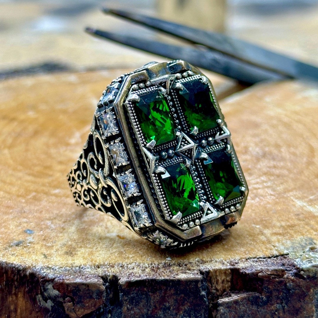 Mens Silver Large Green Stone Ring , Square Emerald Stone Ring , Unique ...