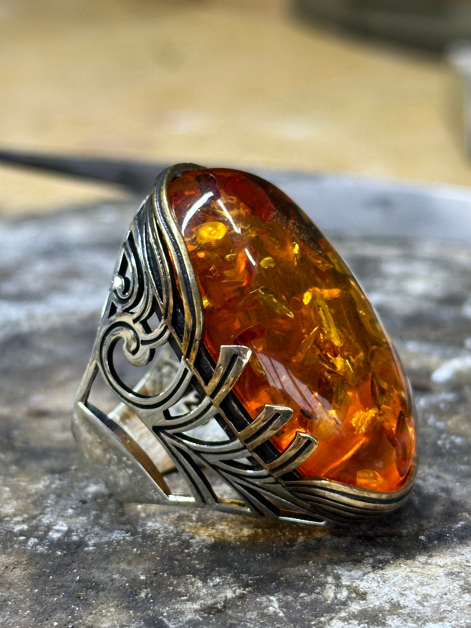 Natural Silver Baltic Amber Ring , Large Amber Stone Ring , Turkish ...