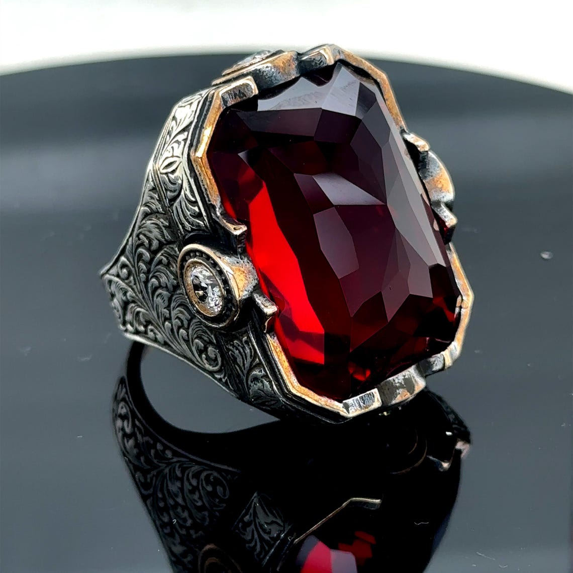 Men Silver Large Ruby Ring , Ottoman Style Big Square Ring , Big Red ...