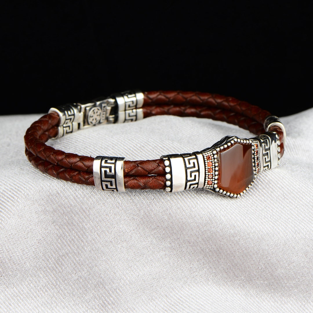 Silver Leather Bracelet , Greek Style Bracelet , Agate Stone Bracelet ...