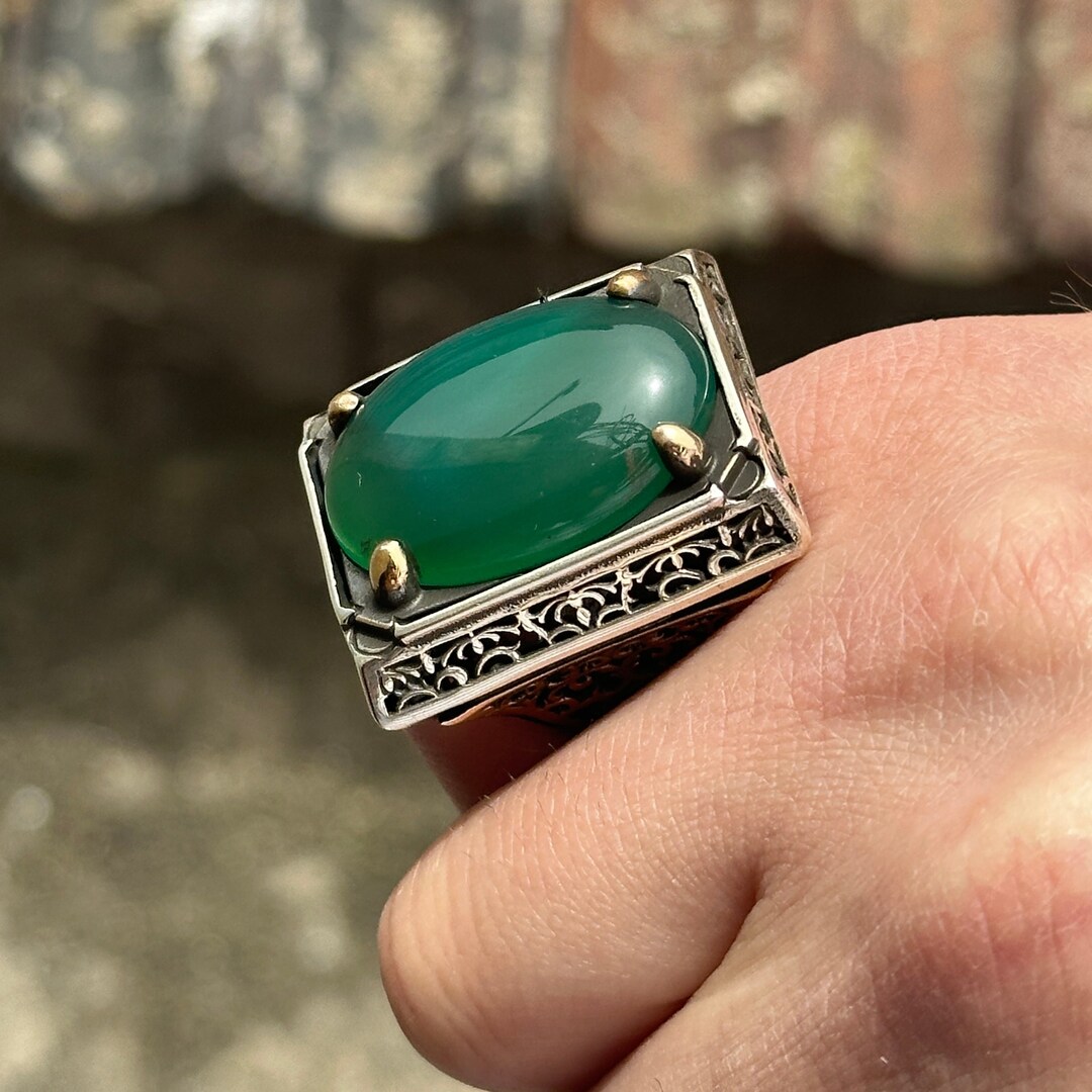 Natural Agate Stone Ring , Large Green Agate Ring , Turkish Handmade ...