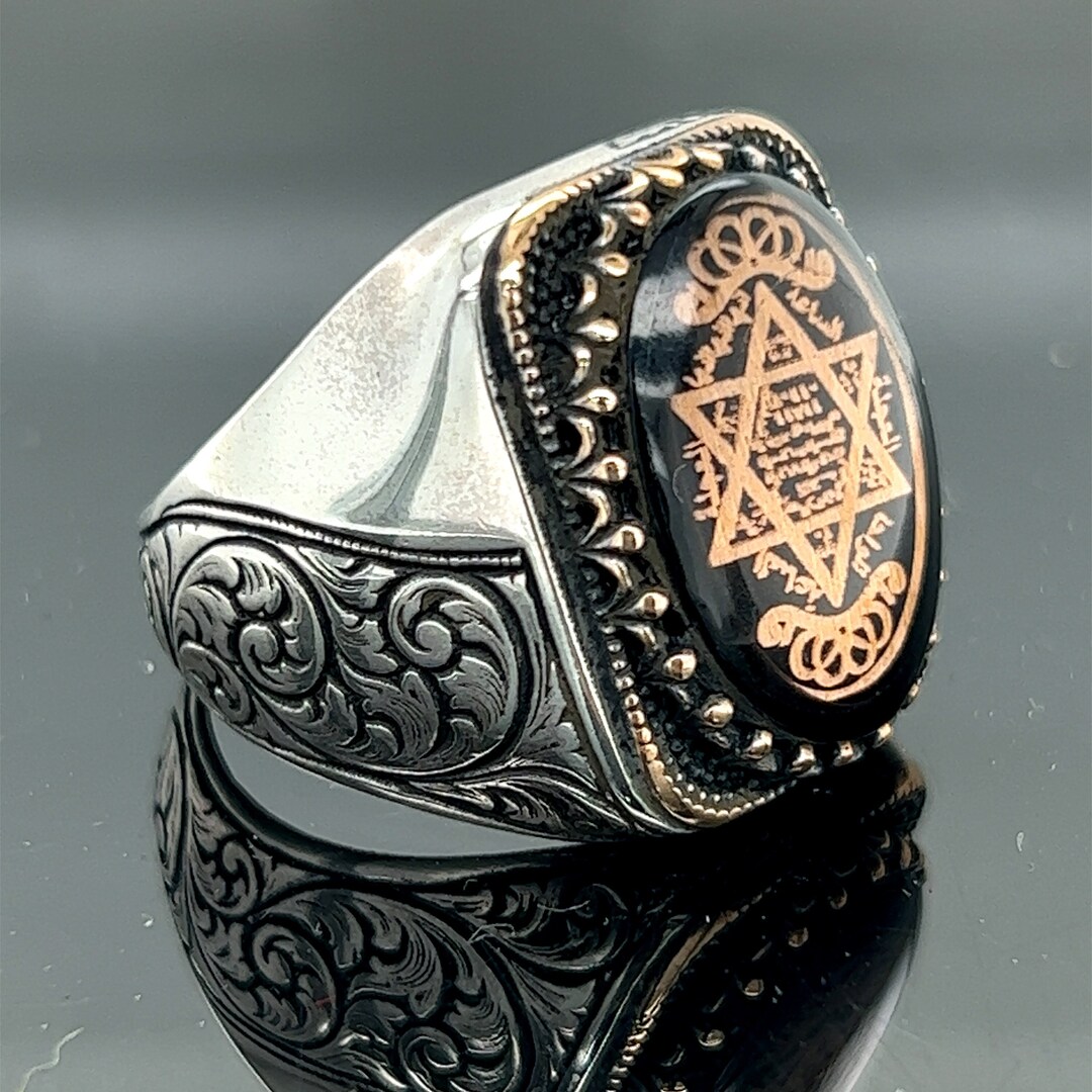 Silver Seal of Solomon Ring , Amber Stone Solomon Signet Ring , King ...