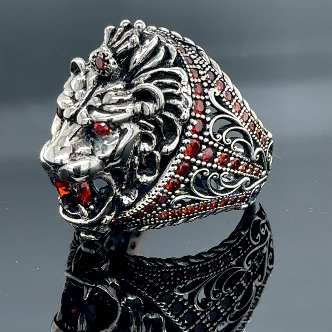Silver Ruby Stone Leon Head Ring , Handmade Wild Lion Ring, Large Leon ...