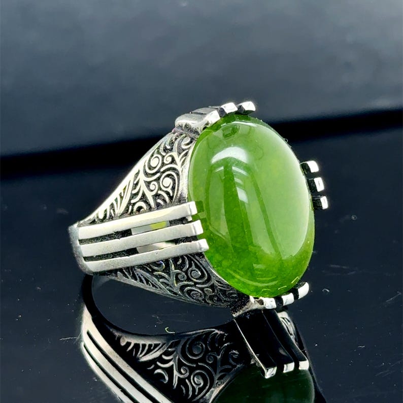 Men Silver Jade Stone Ring, Natural Jade Minimal Ring, Jade Signet Ring ...