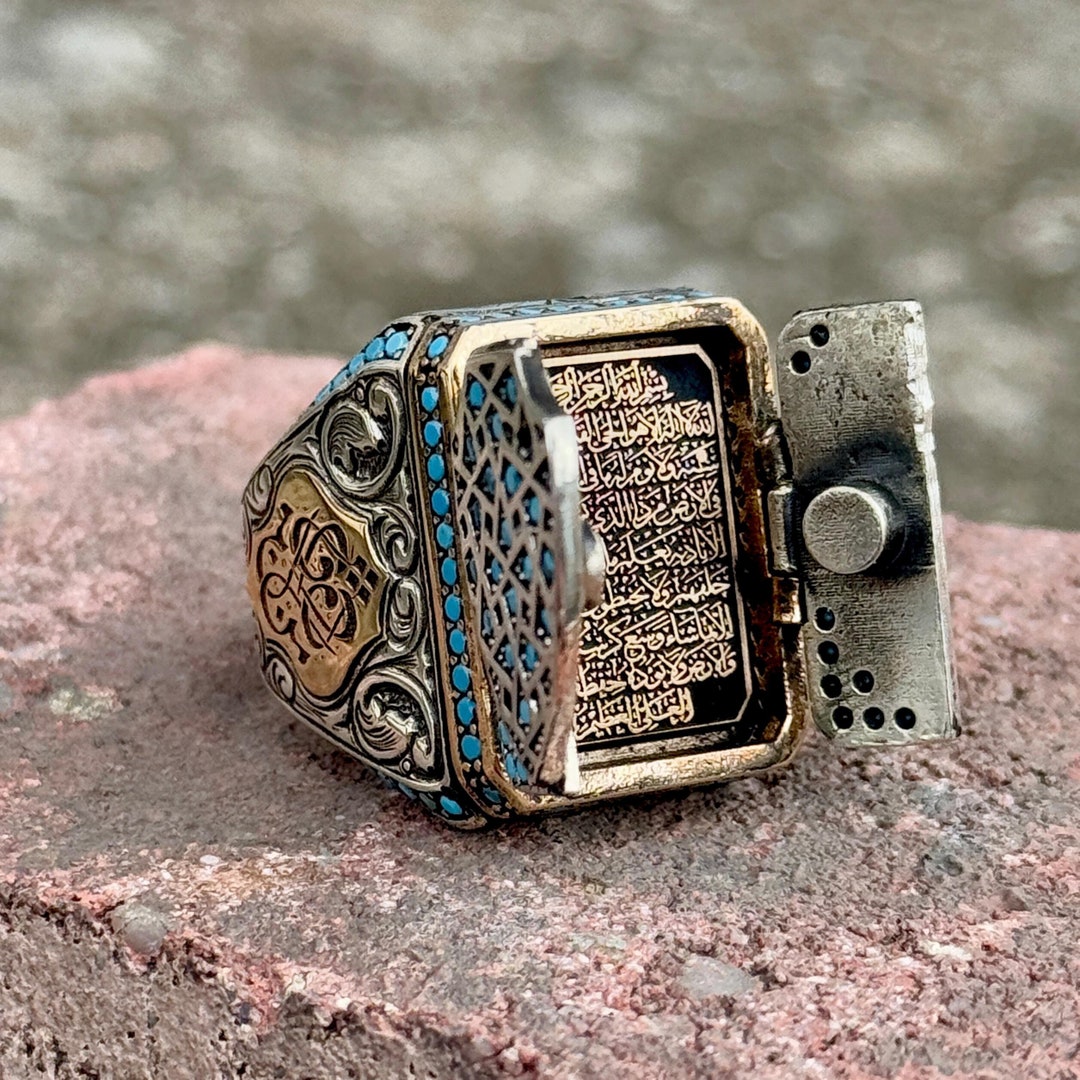 Men Silver Prayer Box Ring, Ayatul Kursi İslamic Ring, Turquoise ...