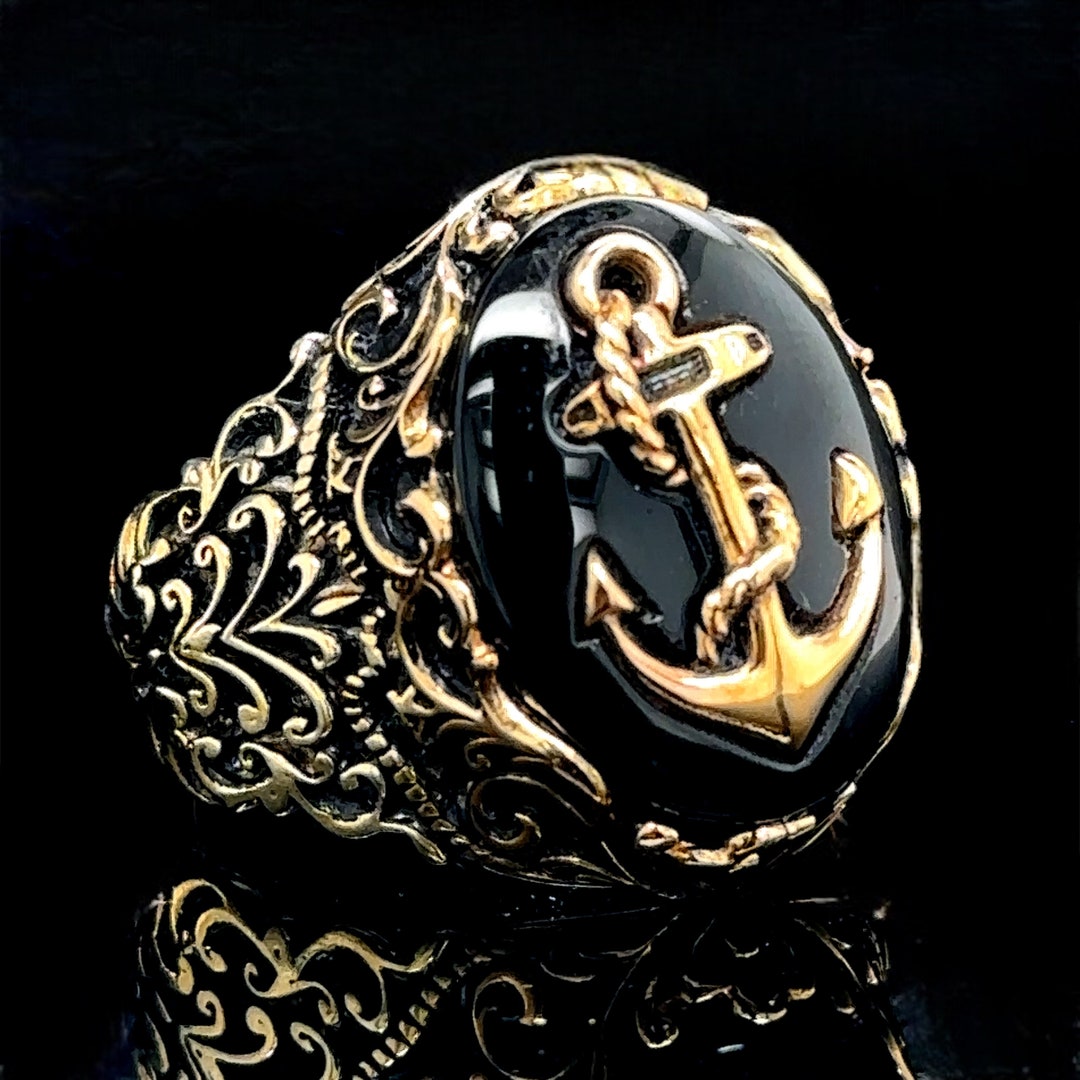 Silver Anchor Ring , Men Gold Sailor Ring , Gold Black Onyx Stone Ring ...