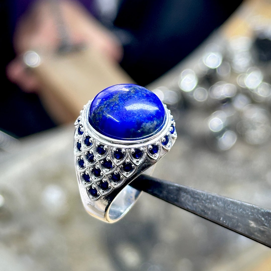 Man Lapis Lazuli Ring, Natural Lapis Signet Ring , Round Silver Ring ...