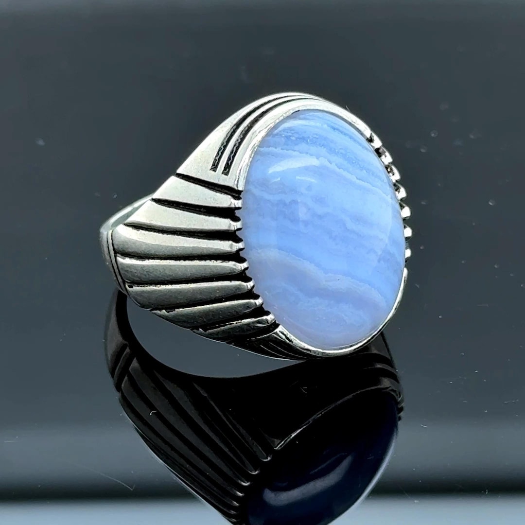 Men Silver Agate Ring, Ocean Agate Gemstone Ring, Father Day Gift, Men ...
