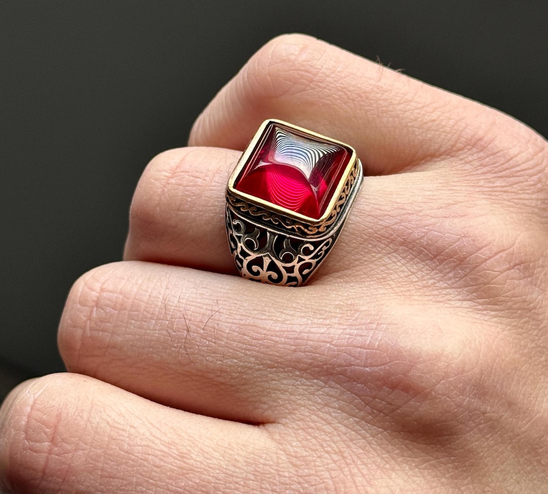 Men Handmade Square Ruby Stone Silver Ring , Red Stone Men Ring ...