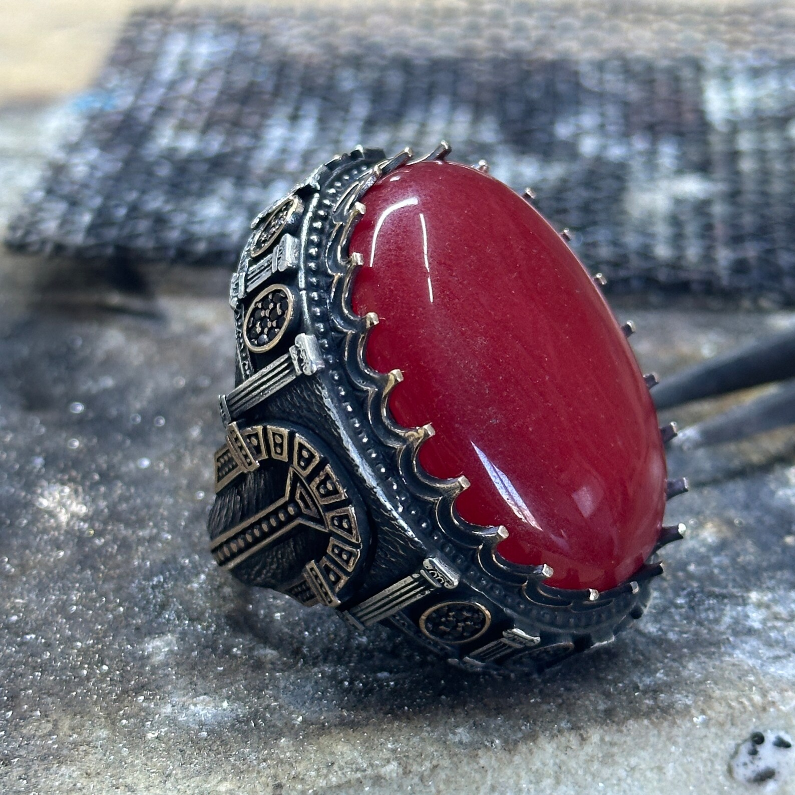 Silver Red Jade Stone Ring, Man Silver Ottoman Large Ring, Large Jade ...