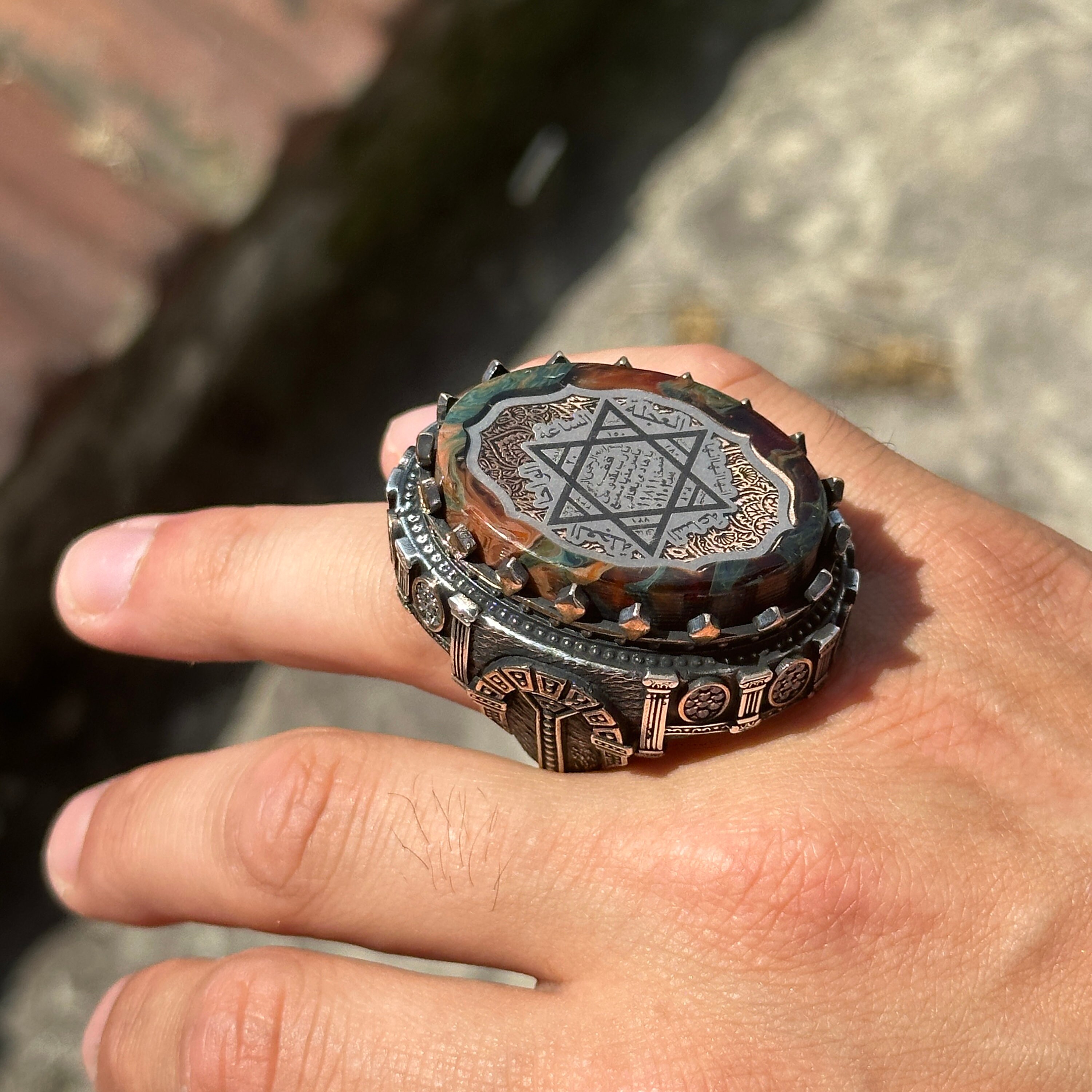 Silver Large Seal of Solomon Ring, Men King Solomon Ring, Large Amber ...