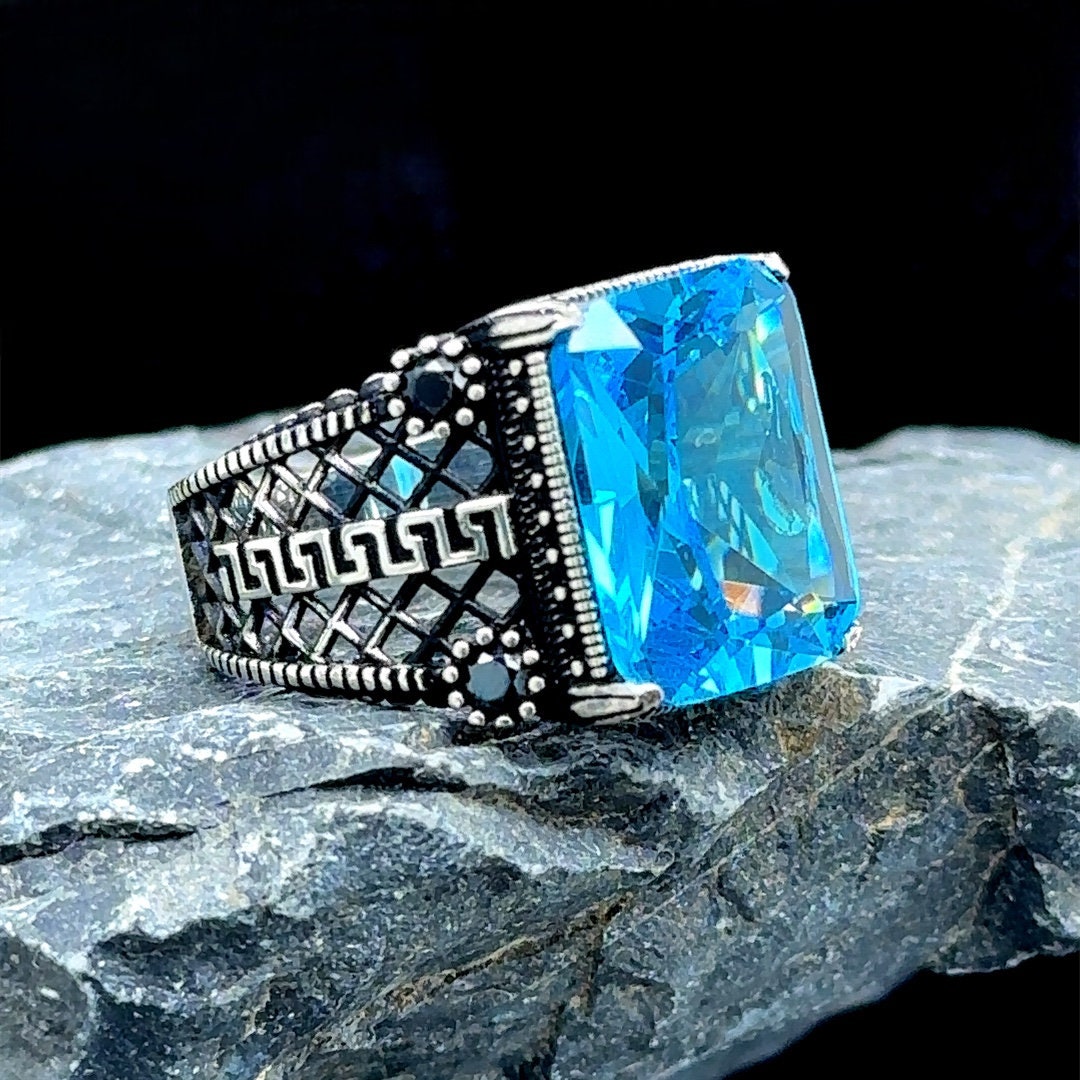 Blue Aquamarine Signet Ring , Men Silver Aquamarine Stone Ring , Man ...