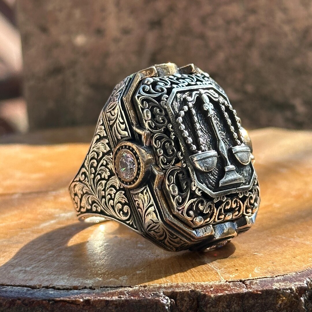 Man Silver Large Scale Signet Ring , Libra Lawyer Signet Ring , Men ...