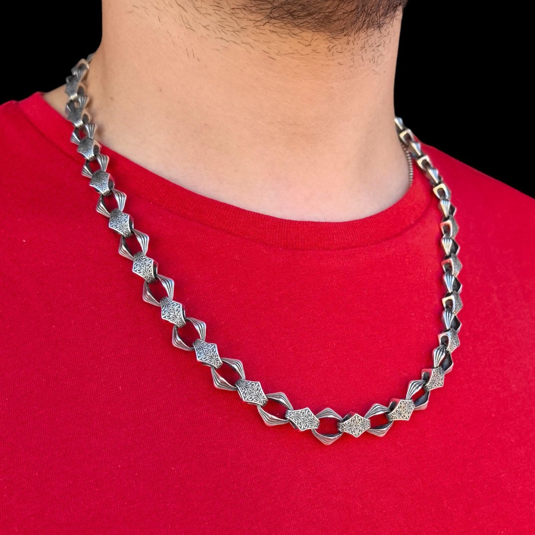 Men Silver Chain Necklace, Engraved Gothic Chain Necklace, Unique ...