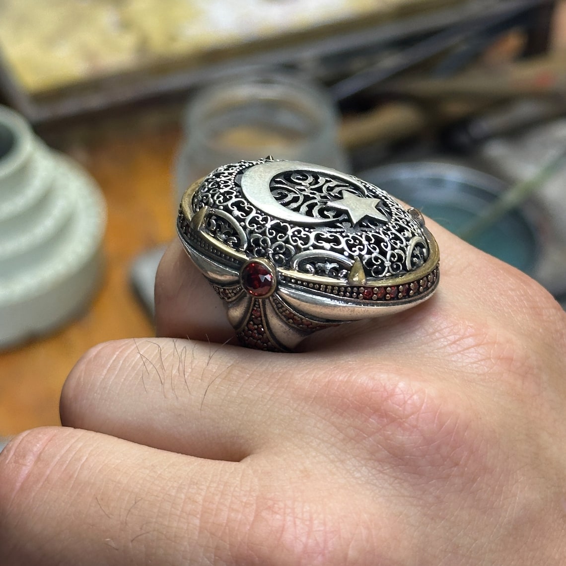 Silver Large Turkish Flag Ring , Silver Large Ruby Stone Ring, Large ...