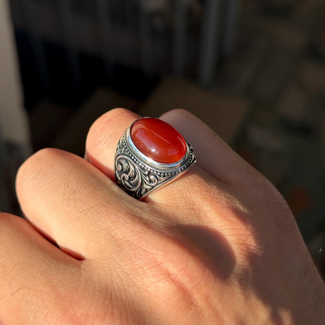 Handgemaakte heren agaat Aqeeq ring, natuurlijke rode agaat ring ...