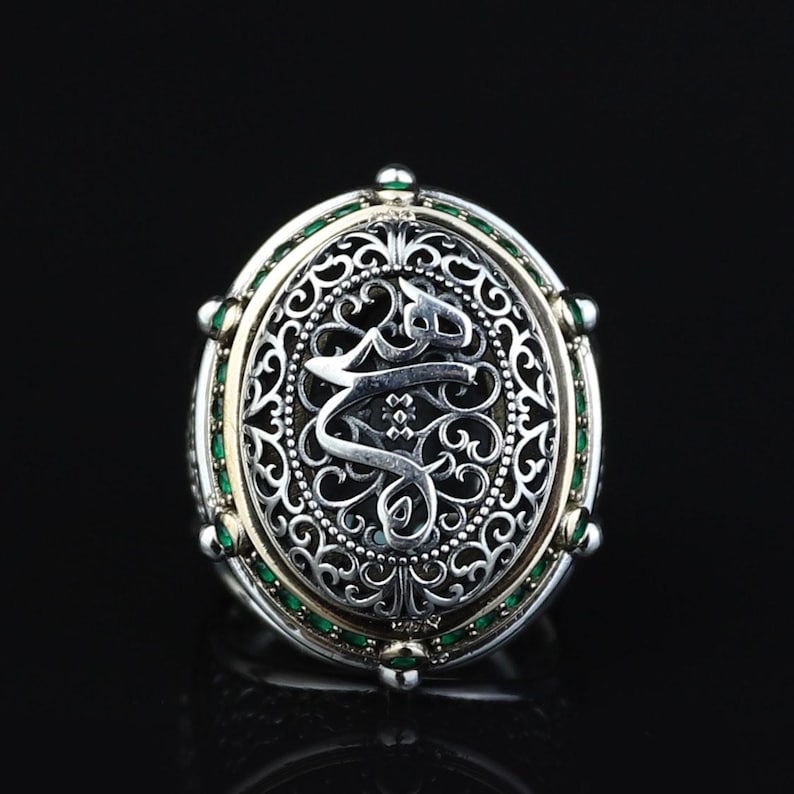 Silver Islamic Muhammad Silver Ring, Emerald Stone Arabic Calligraphy ...