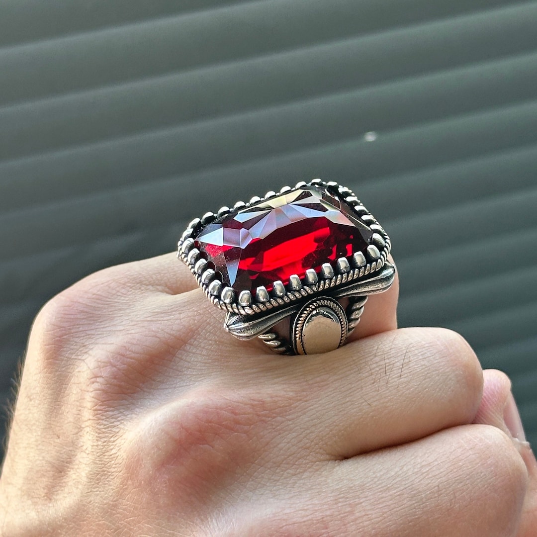 Man Silver Large Ruby Ring , Ottoman Style Square Ring , Big Red Stone ...