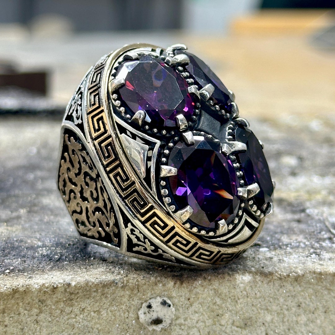 Men Silver Large Ring, Silver Large Amethyst Ring , Man Silver Big ...