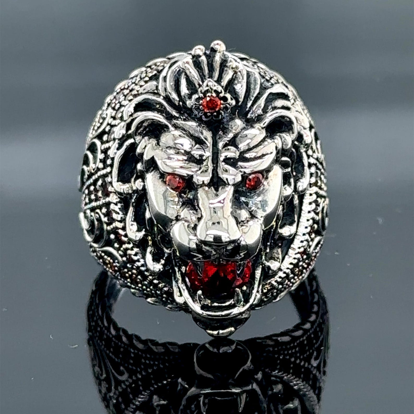 Silver Ruby Stone Leon Head Ring , Handmade Wild Lion Ring, Large Leon ...