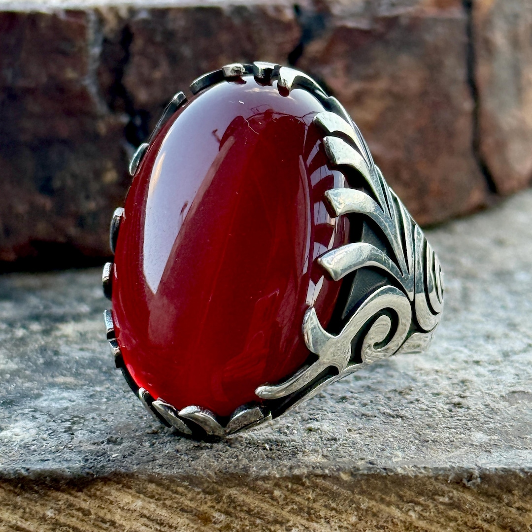 Men Silver Large Agate Stone Rings , Red Agate Carnelian Ring, Ottoman ...