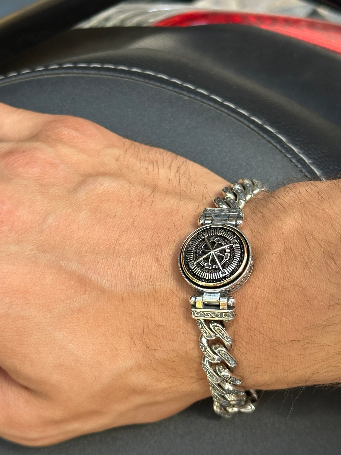 Silver 925 Curb Link Bracelet , Silver Compass Signet Bracelet , Oxide ...