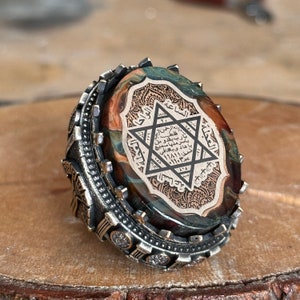 Silver Large Seal of Solomon Ring, Men King Solomon Ring, Large Amber ...