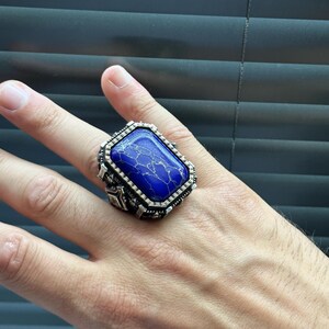 Silver Large Lapis Lazuli Ring, Natural Blue Lapis Signet Ring, Men ...