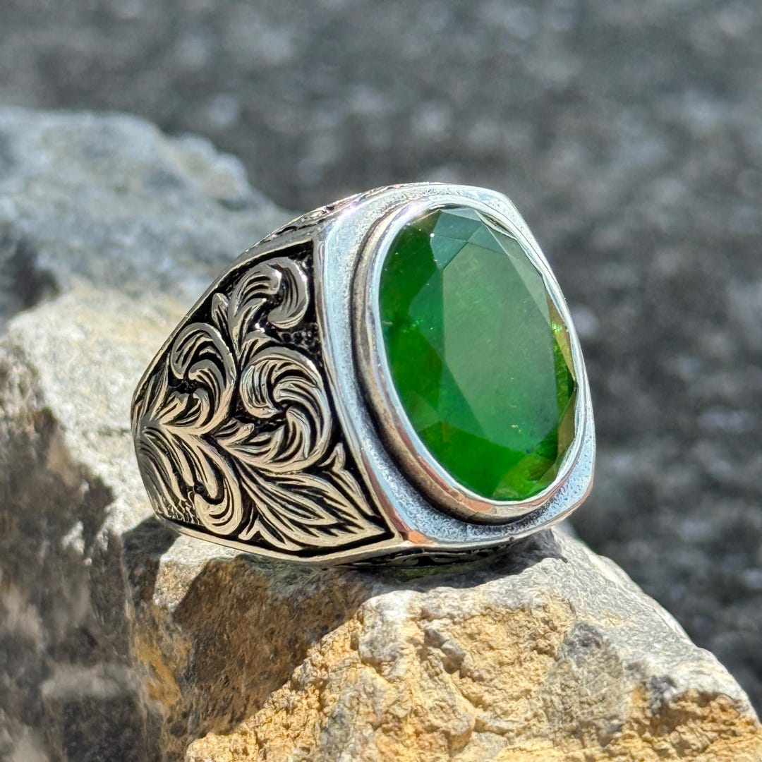 Men Silver Green Emerald Stone Ring, Engraved Men Green Stone Ring, 925 ...