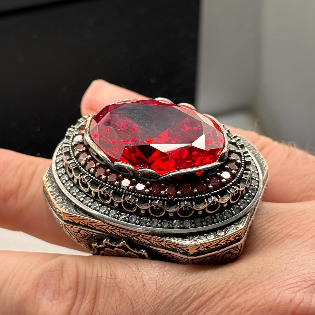 925 Sterling Silver Ruby Large Ring, Men Handmade Turkish Ring, Dark ...
