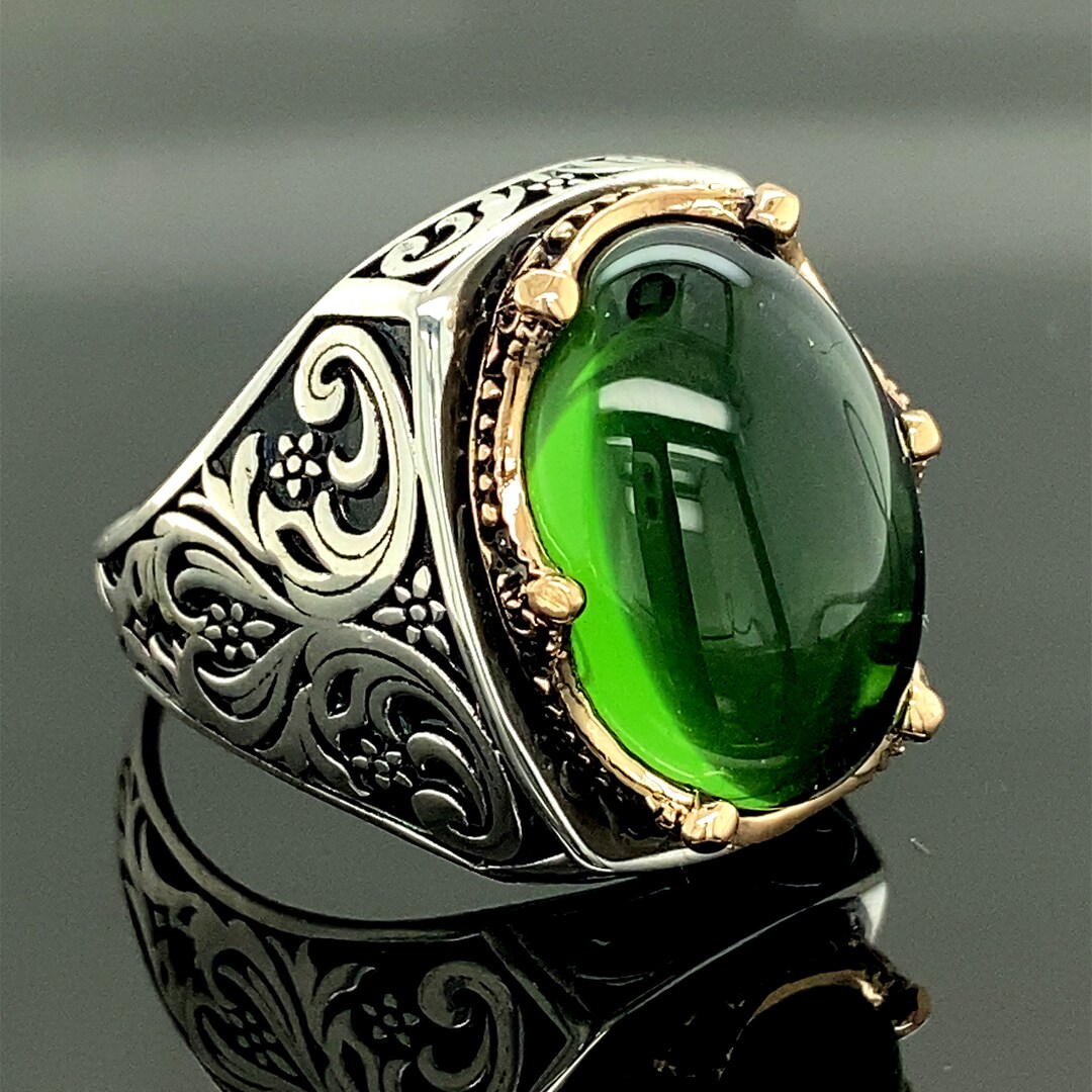 Men Handmade Ring , Green Stone Ring , Sterling Silver Vintage Ring ...