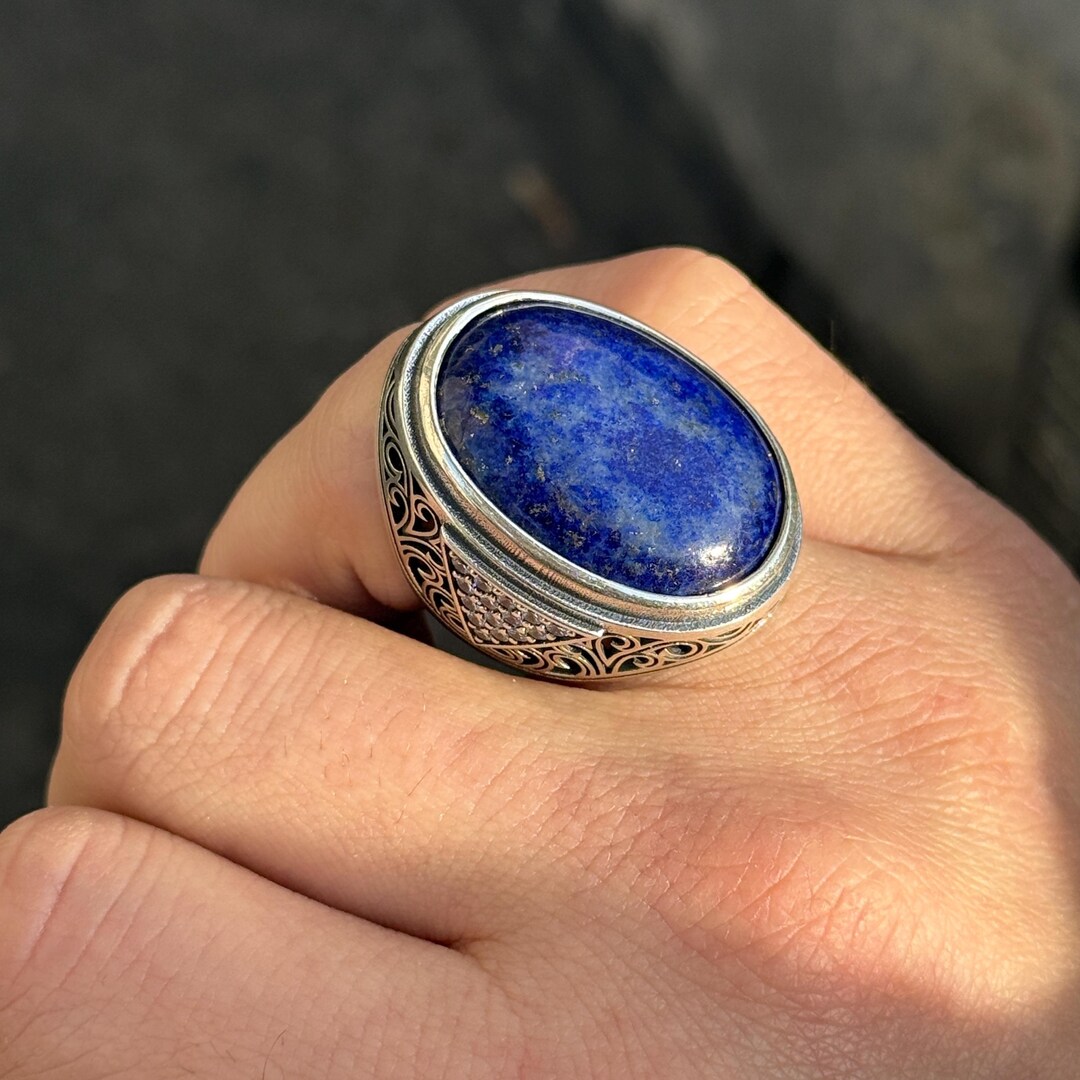 Large Blue Lapis Lazuli Signet Ring, Men Lapis Lazuli Ring, Turkish ...