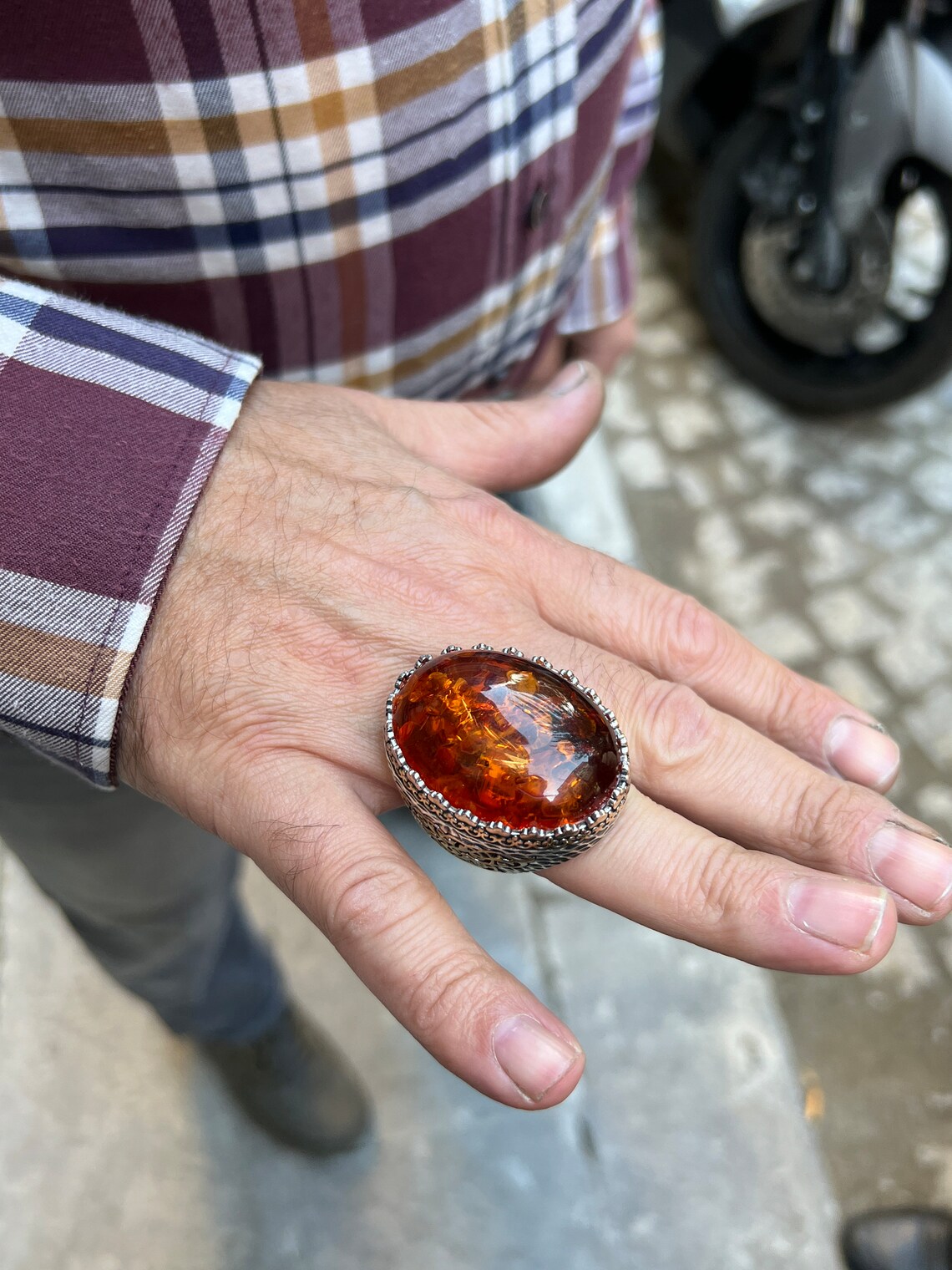 Natural Amber Stone Ring , Sterling Silver Large Amber Stone Ring ...