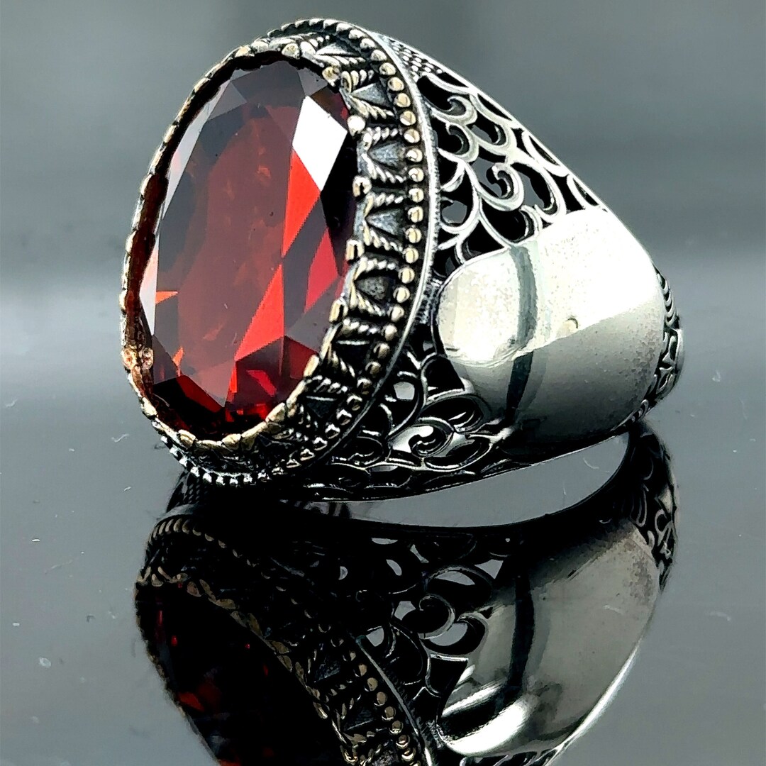Silver Ruby Stone Ring , Engraved Silver Ring , Man Handmade Silver ...