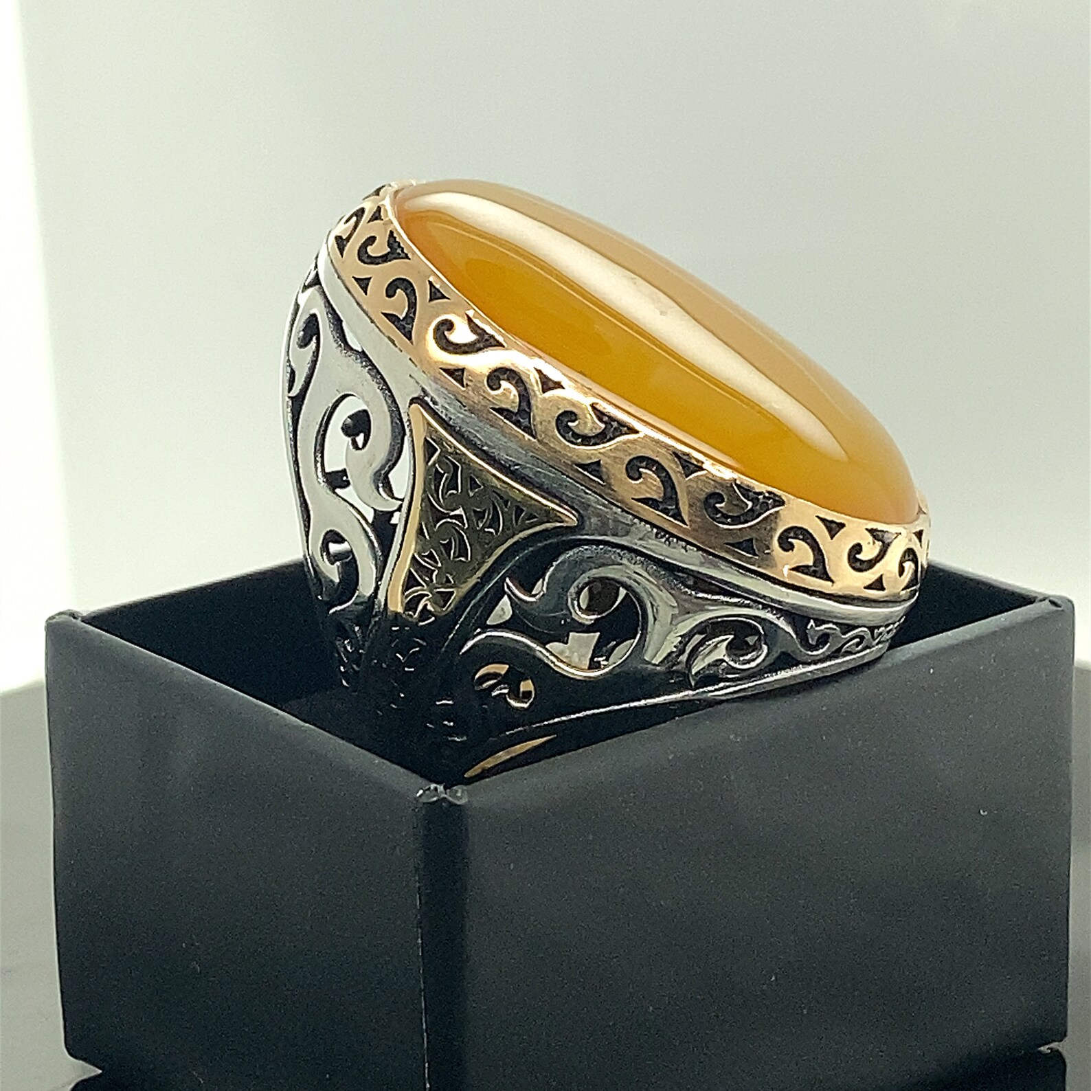 Mens Handmade Ring , Large Agate Stone Ring , Yellow Agate Stone Ring ...