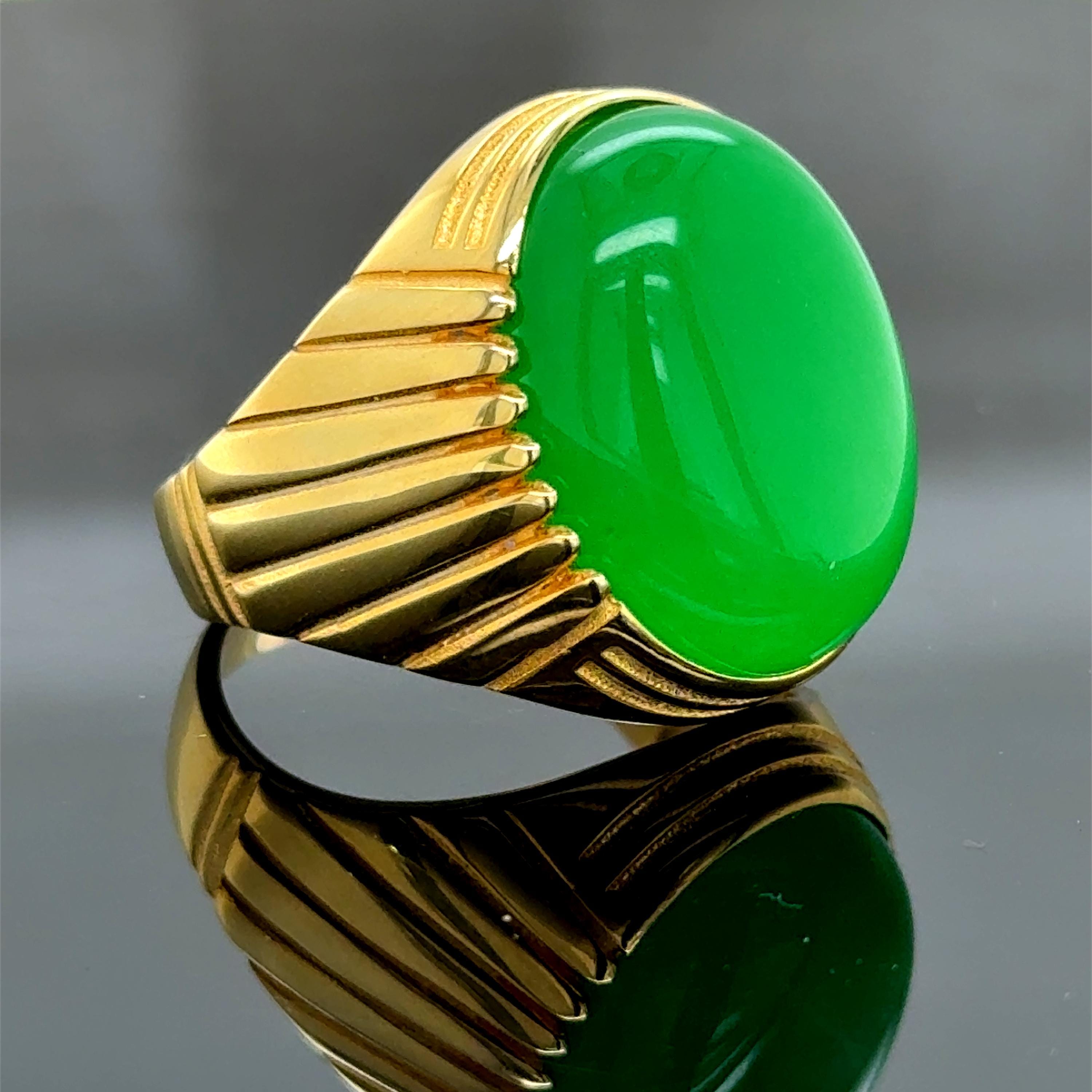 Silver Gold Jade Stone Ring, Natural Green Jade Ring, Men Oval Classic ...