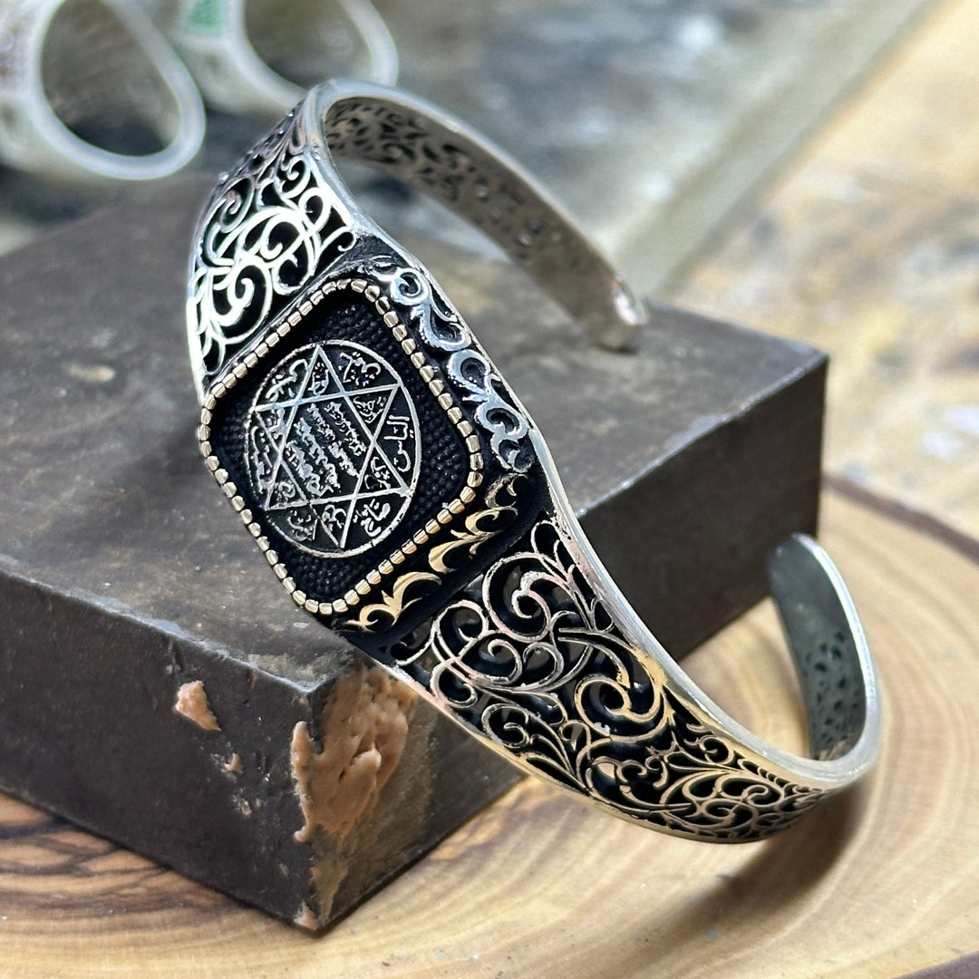 Silver Solomon Signet Cuff Bracelet, Men Handmade Cuff Bracelet, Adjustable Cuff , King Solomon ...