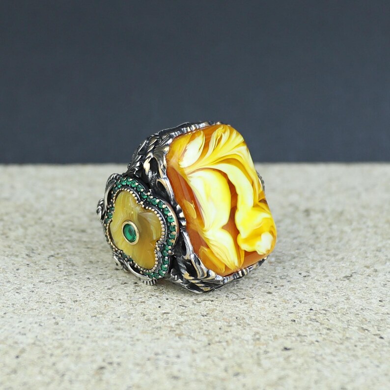 Men Handmade Large Yellow Agate Ring, Large Natural Aqeeq Gemstone Ring ...