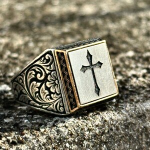 Silver Engraved Cross Medal Ring, Square Cross Ring, Cross Signet Ring ...