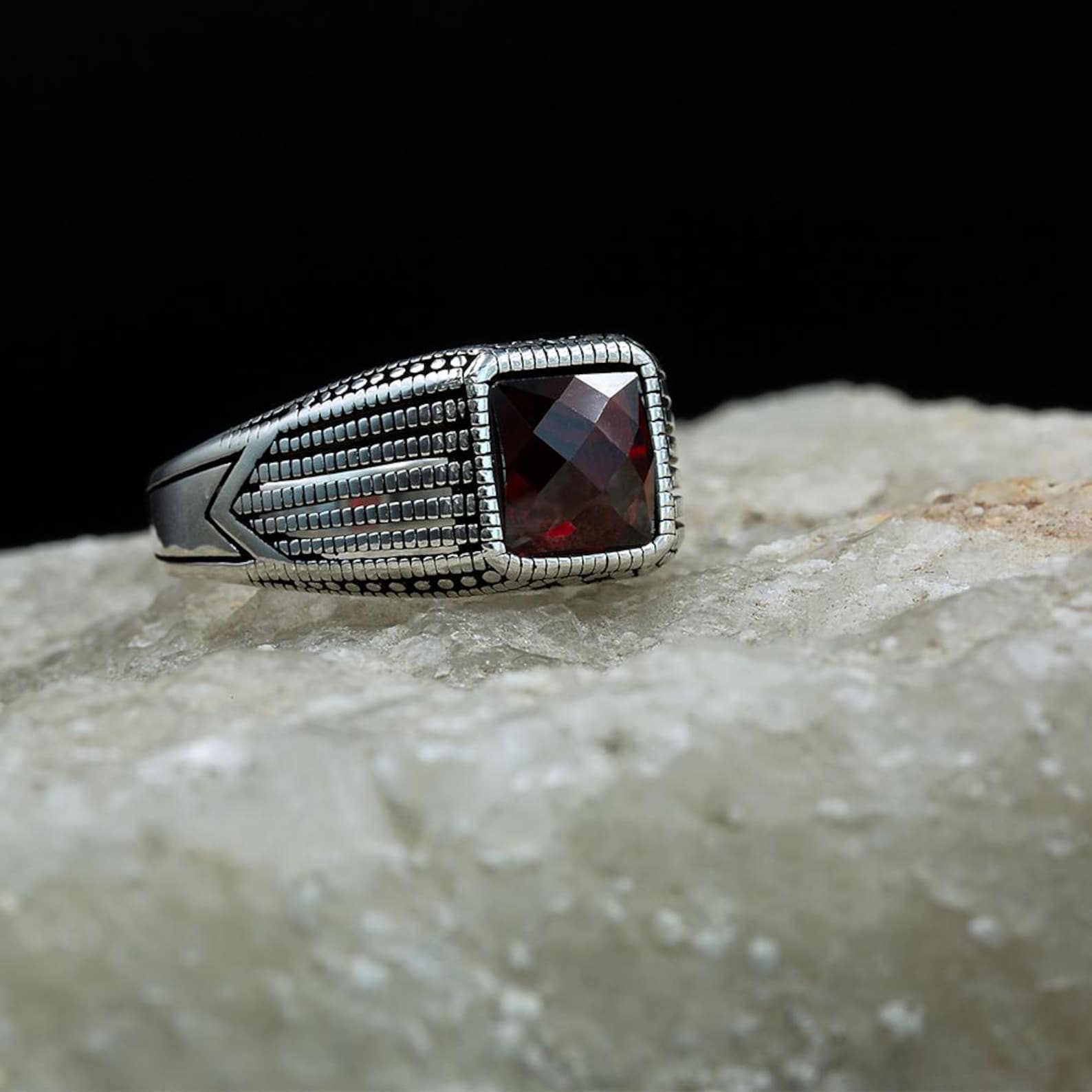 925 Silver Men Ruby Stone Ring, Minimal Red Gemstone Signet Ring, Mens ...