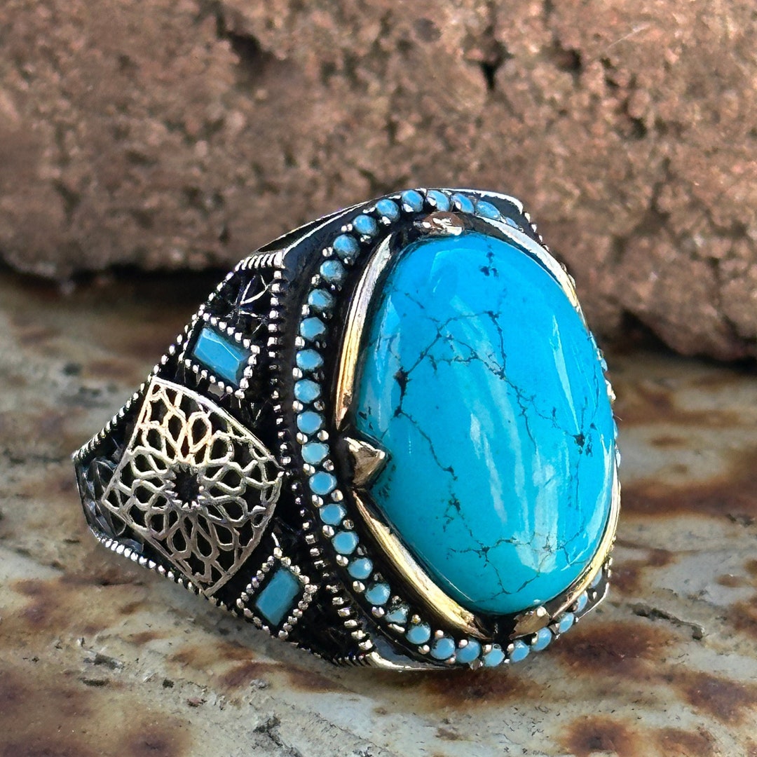 Handmade Turquoise Men Silver Ring , Pen Men's Ring , Oval Gemstone ...