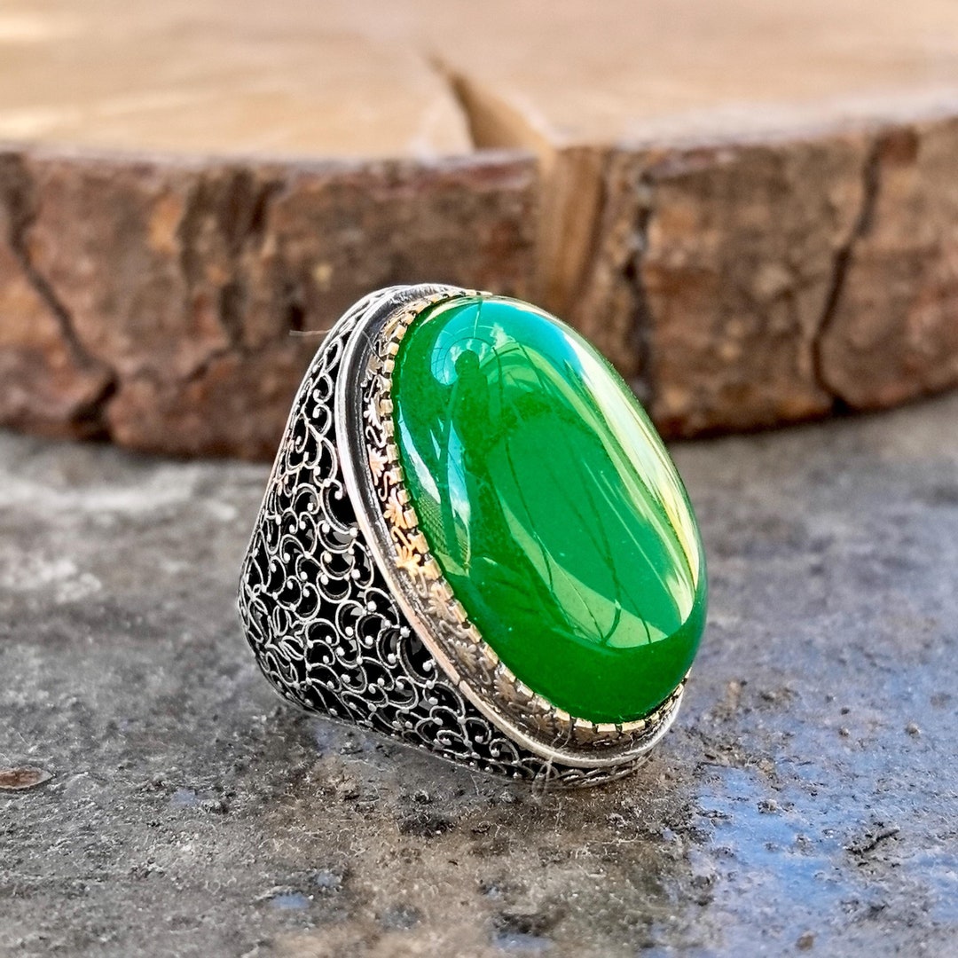 Men Silver Green Jade Stone Ring, Natural Jade Ring, Ottoman Style Handmade Green Jade Ring ...