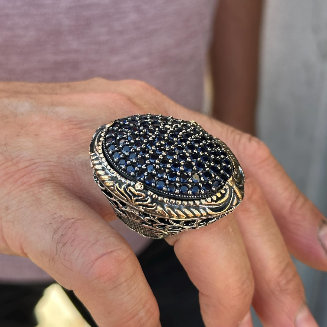 Silver Handmade Sapphire Ring , Large Sapphire Stone Ring , Micro Stone ...