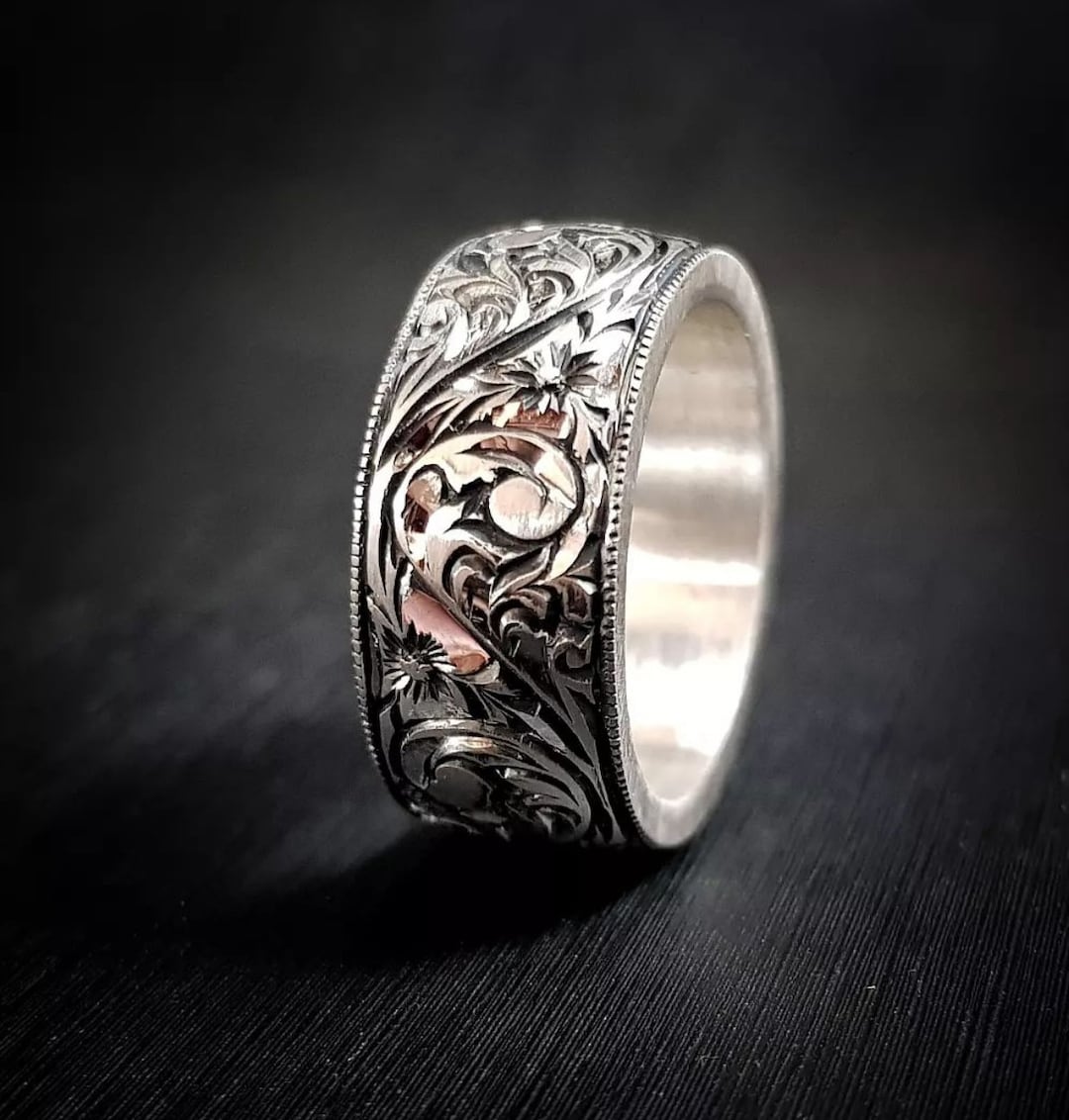 Silver Engraved Wedding Ring, Rustic Wedding Band ,handmade Unisex ...